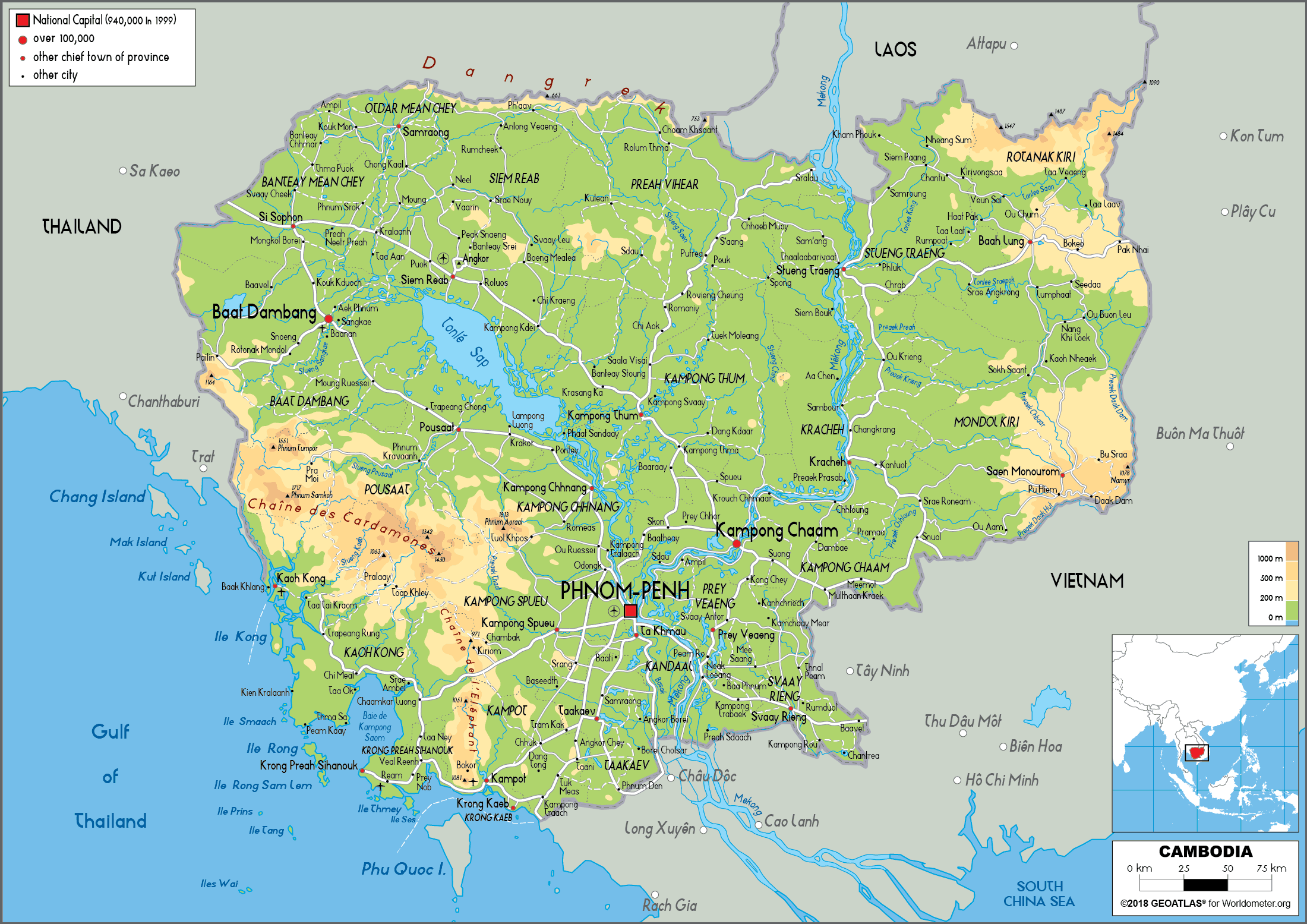 Cambodia Map Physical Worldometer