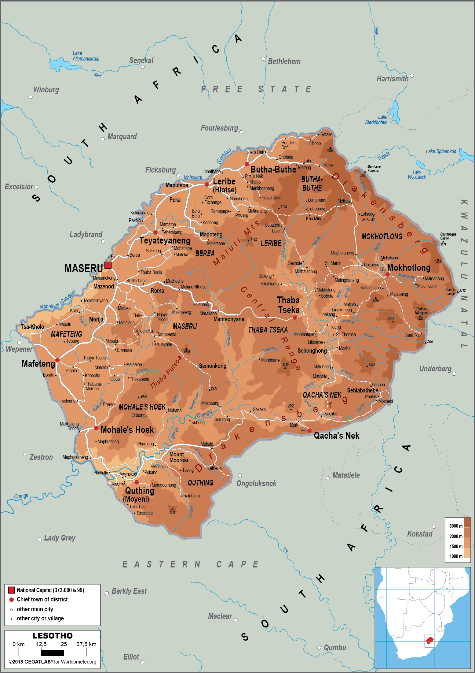 Lesotho Map Physical Worldometer